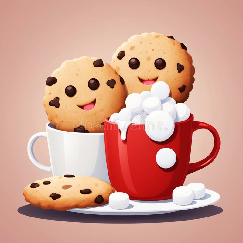 Two Cookies in Red Cups with Marshmallows Stock Illustration ...