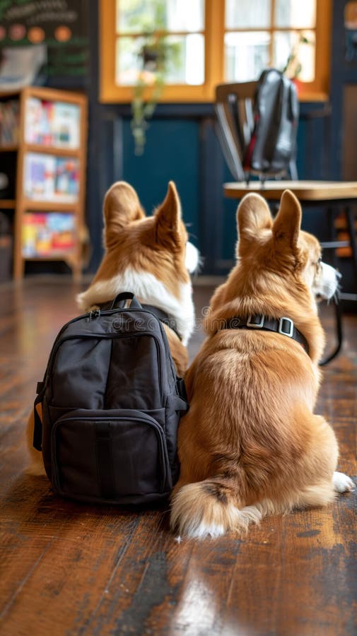 Two Corgi Dogs Sitting with Their Backs in the School Class, One ...