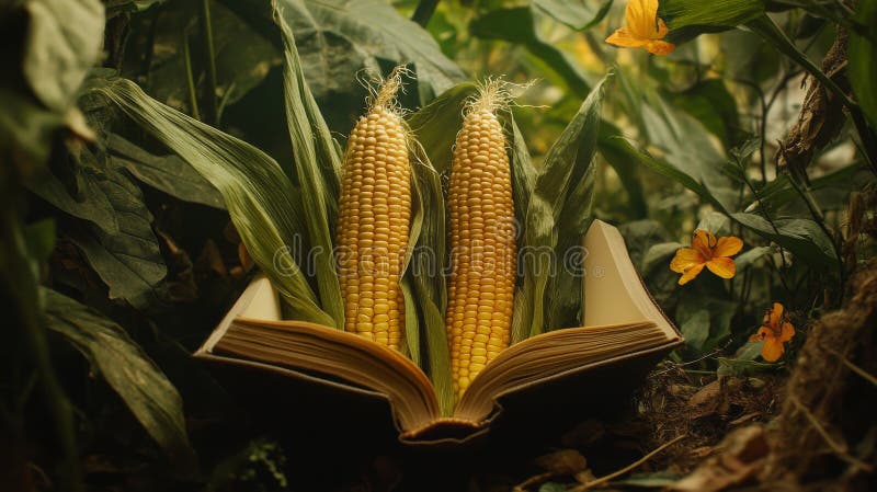 Two Corn Cobs Standing Inside an Open Book in a Natural Setting Stock ...