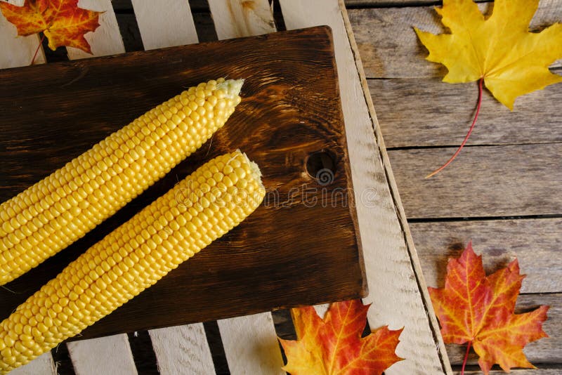 Two Corn on Wooden Chopping Board and Autumn Maple Leaves Falling on ...