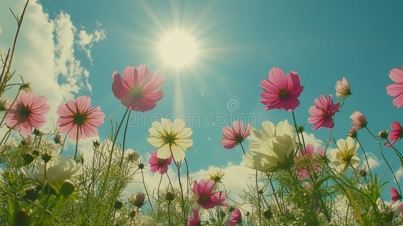 Two Cosmos Flowers Shine Vividly Under a Sunny Sky Stock Photo - Image ...