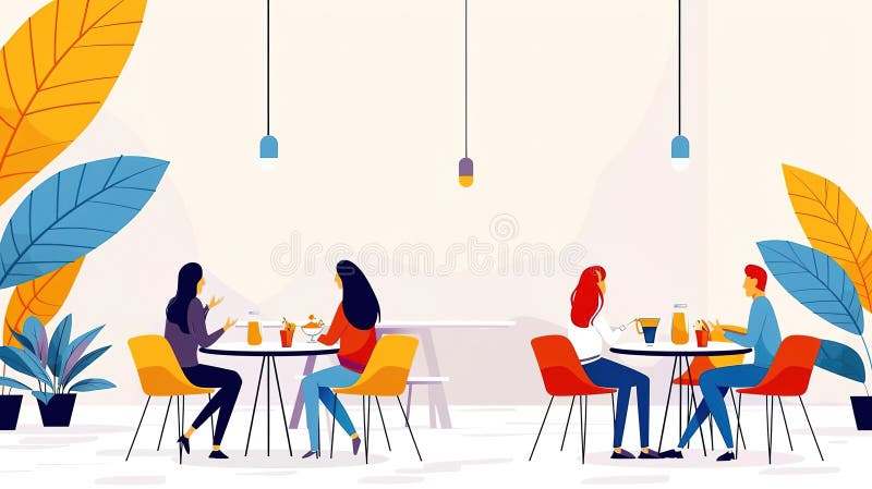 Two Couples Enjoying Coffee and Conversation in a Modern Cafe Setting ...