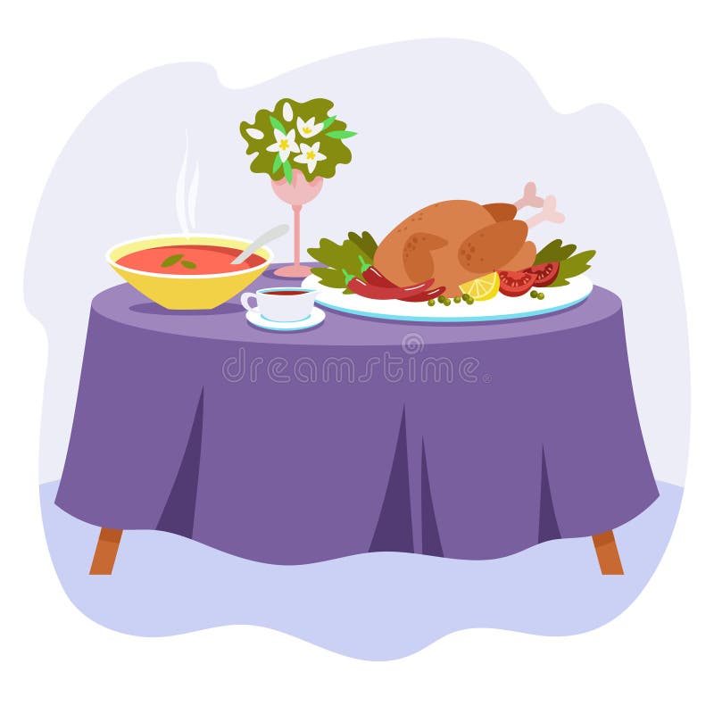 Two-course Dinner on a Table Covered with a Tablecloth. Vector ...