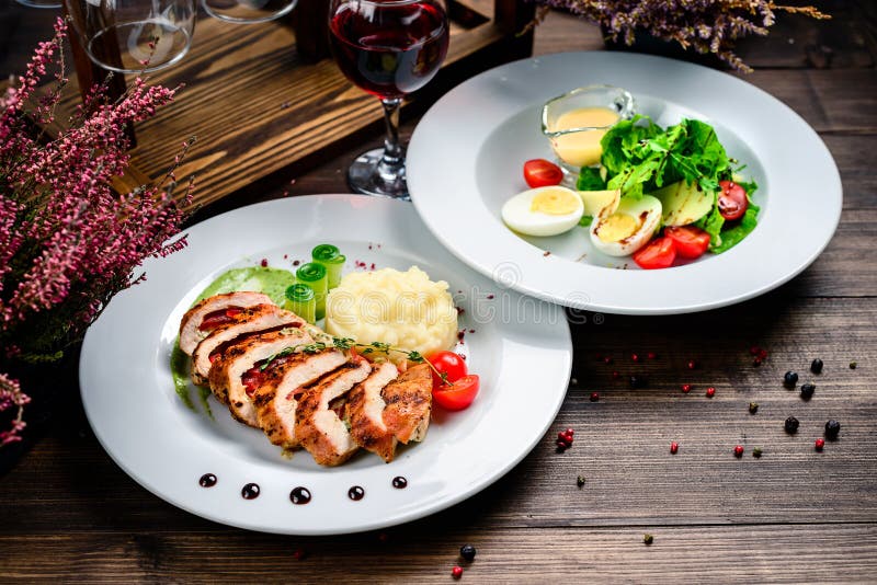 Two Course Lunch Grilled Meat and Fresh Vegetable Salad on the Table ...