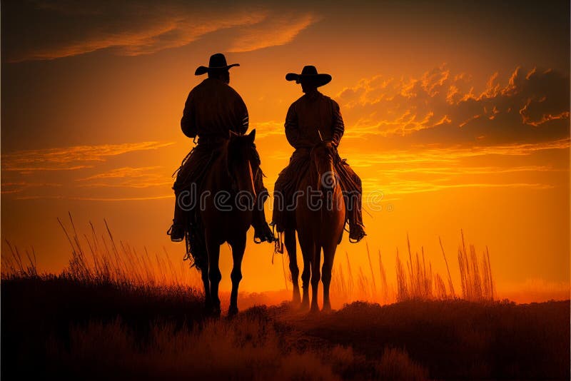 Two Cowboys in Front of a Beautiful Sunset. AI Generated. Stock Image ...