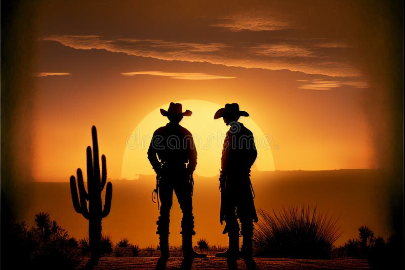 Two Cowboys in Front of a Beautiful Sunset. AI Generated. Stock Photo ...
