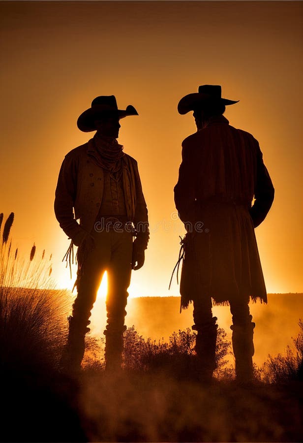 Two Cowboys in Front of a Beautiful Sunset. AI Generated. Stock ...