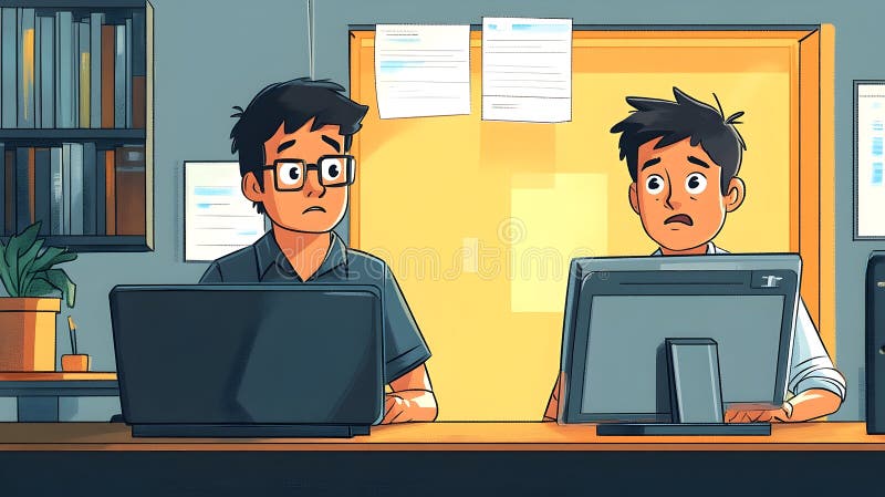 Two Coworkers Staring at Computer Screens, Expressing Concern Stock ...