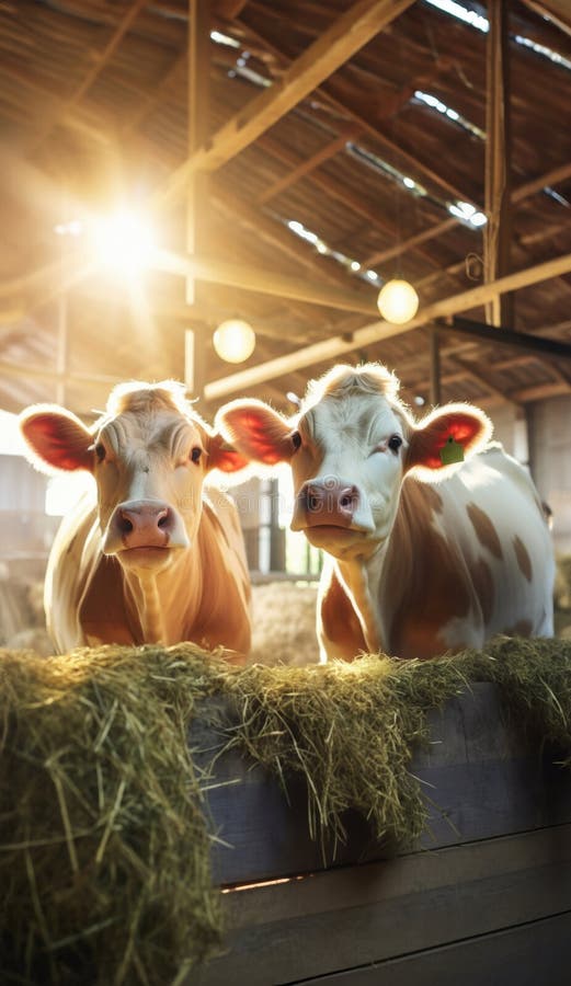 Two Cows Eating Hay in Barn at Sunset Stock Illustration - Illustration ...