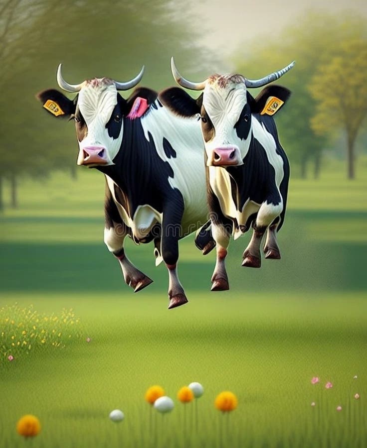 Two Cows Jumping Ootdoors in Spring Stock Illustration - Illustration ...