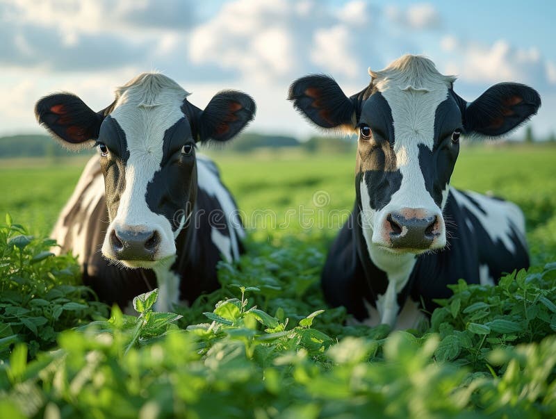 Two Cows are Lying in the Grass and Looking at the Camera. Stock Image ...