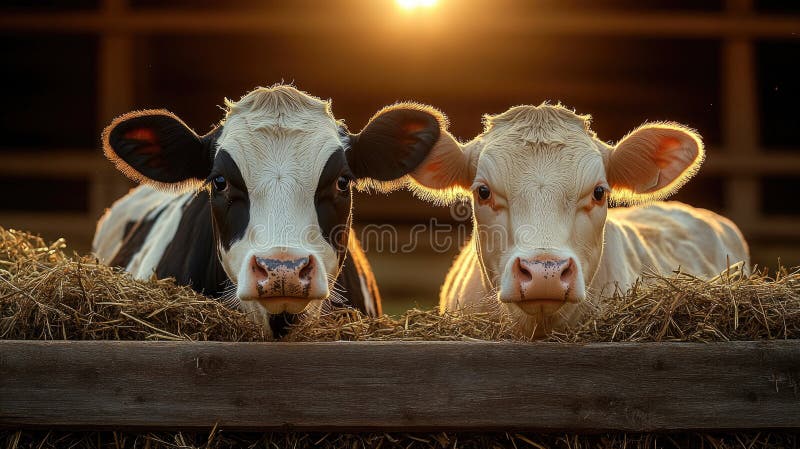 Two Cows Resting on Hay at Sunset in a Barn with Warm Lighting Stock ...