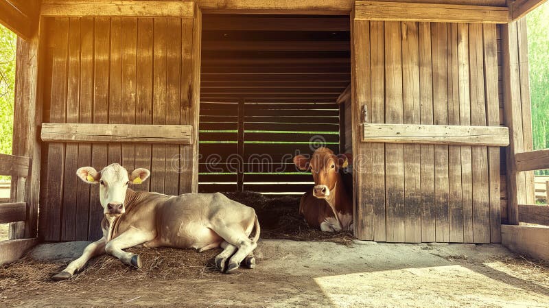 Two Cows Resting Inside a Rustic Wooden Barn, One is Light-colored and ...