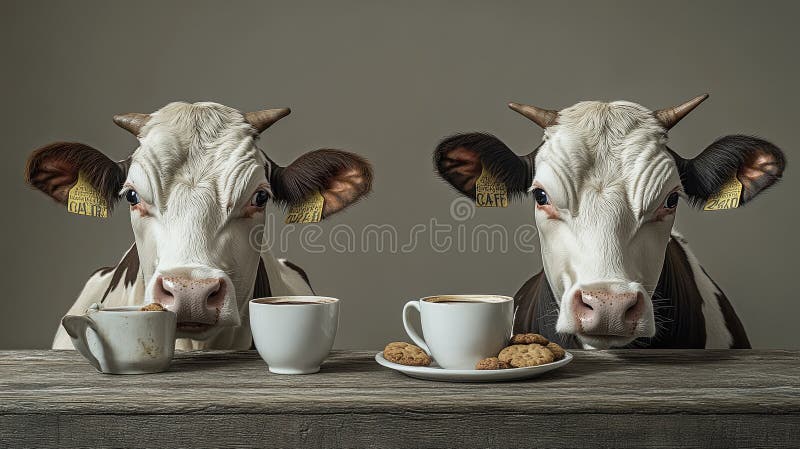 Two Cows are Sitting on a Table with Cups of Coffee and Cookies Stock ...
