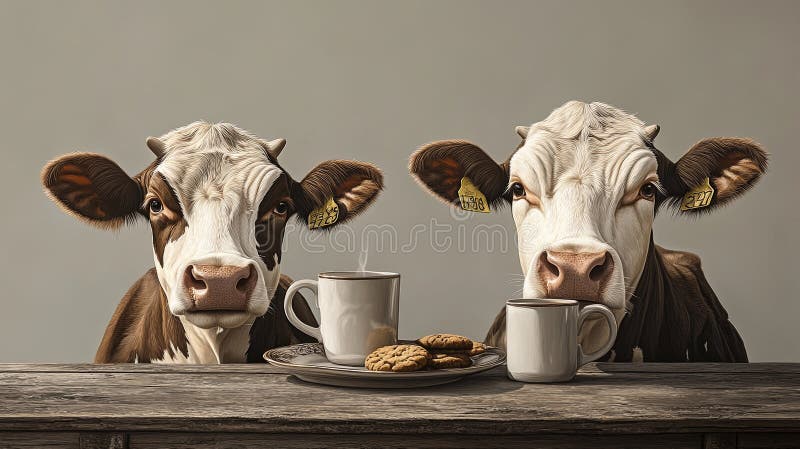 Two Cows are Sitting at a Table with Cups of Coffee and Cookies Stock ...