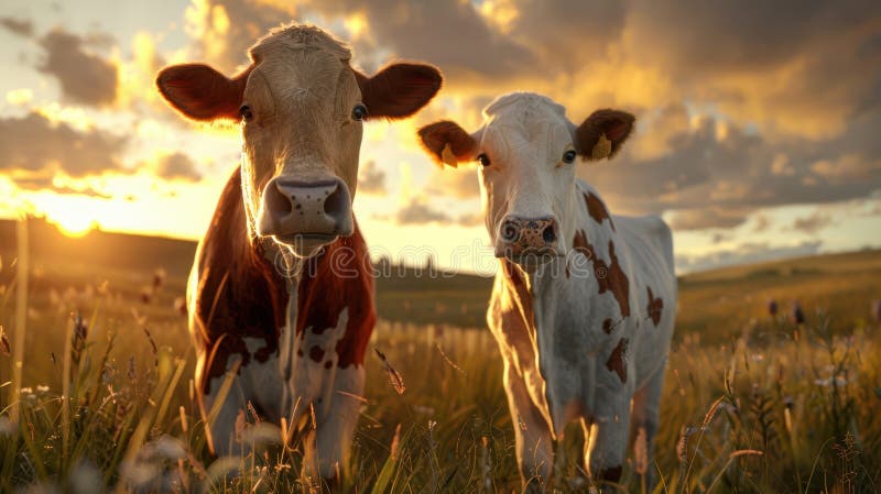 The Cows in Sunset Field.AI Generated Image Stock Photo - Image of ...