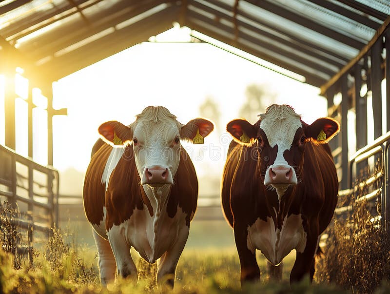 Two Cows Standing in a Field with the Sun Setting Behind Them Stock ...