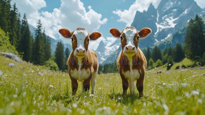 Two Cows Standing in a Green Field with Mountains Behind Stock Image ...