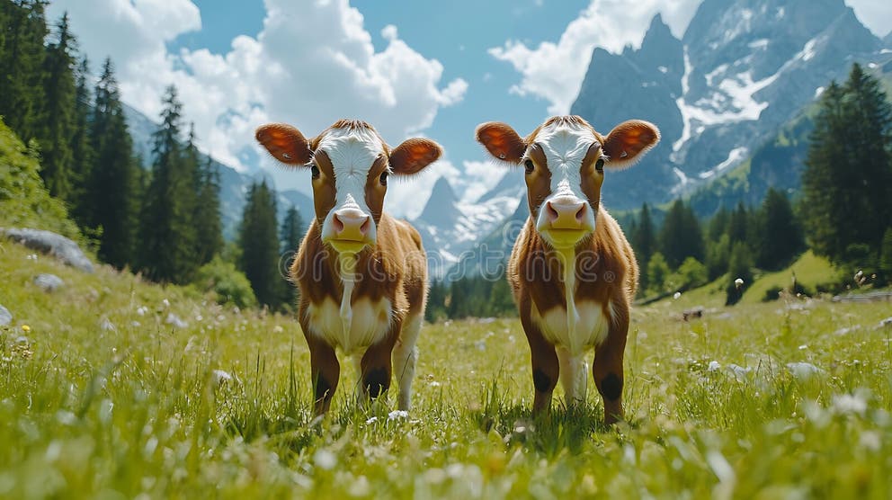 Two Cows Standing in a Green Field with Mountains Behind Stock Image ...