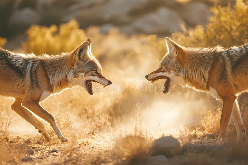 Two Coyotes Showing Teeth and Fighting at Sunset Stock Photo - Image of ...