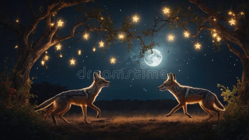 Romantic Black-backed Jackal Couple Under Starlit Night Stock ...