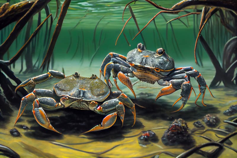 Two Crabs on the Bottom of the River. Generative AI Stock Illustration ...