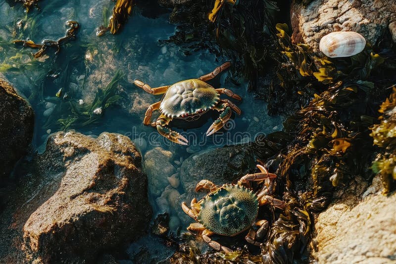 Two Crabs in Tide Pool with Seaweed Stock Illustration - Illustration ...