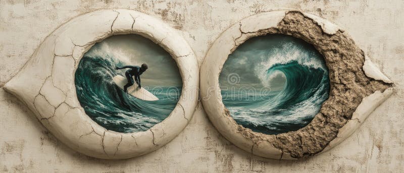 TWO CRACKED, EYE-SHAPED FRAMES SHOWCASING a SURFER RIDING a WAVE and a ...