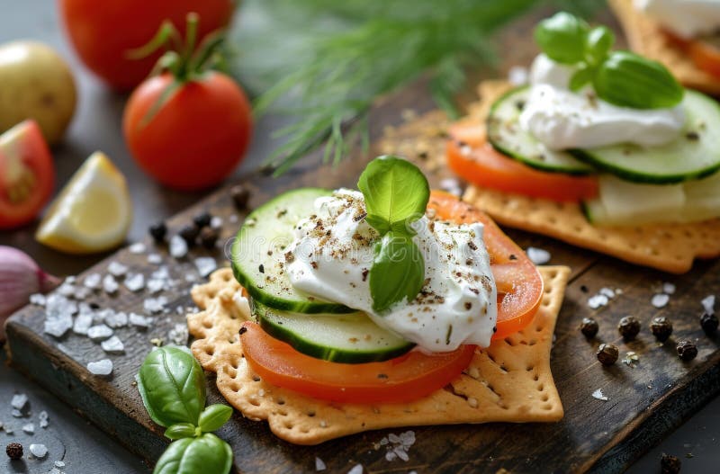 Two Crackers with Vegetables and Cucumbers on a Board Stock Photo ...