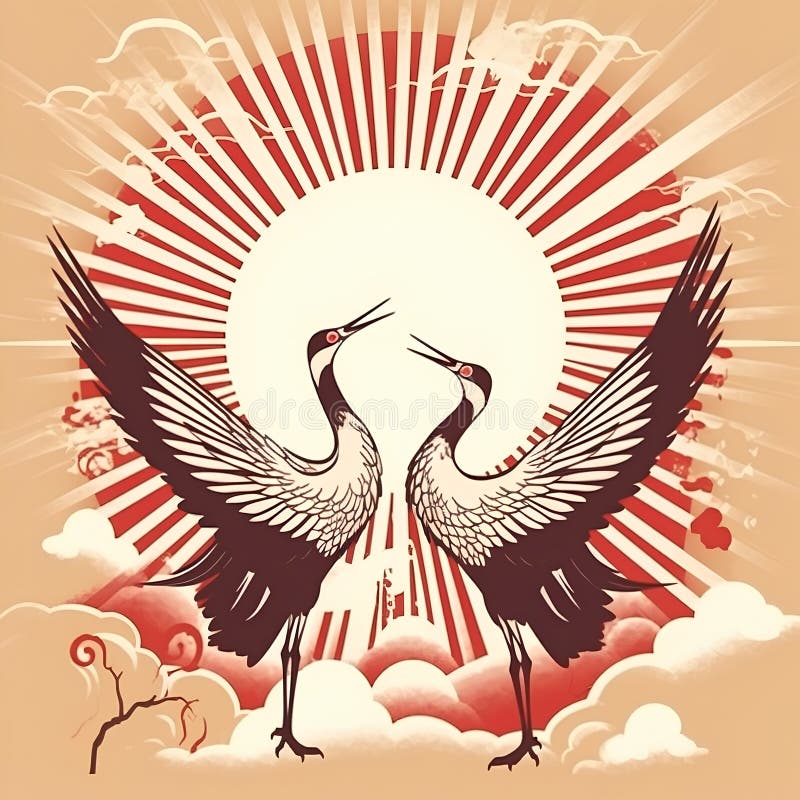 Two Cranes Flying in the Sky with Sun. Vector Illustration Stock ...