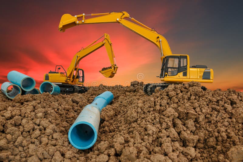 Crawler Excavator is Digging in the Construction Site Pipeline Work ...
