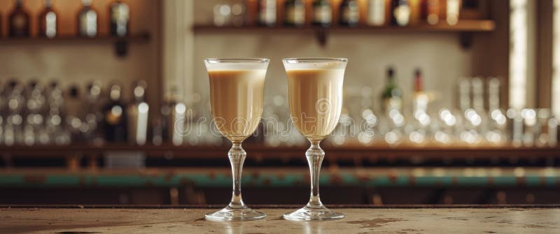 Two Creamy Drinks in Wine Glasses in Vintage Bar. Stock Image - Image ...
