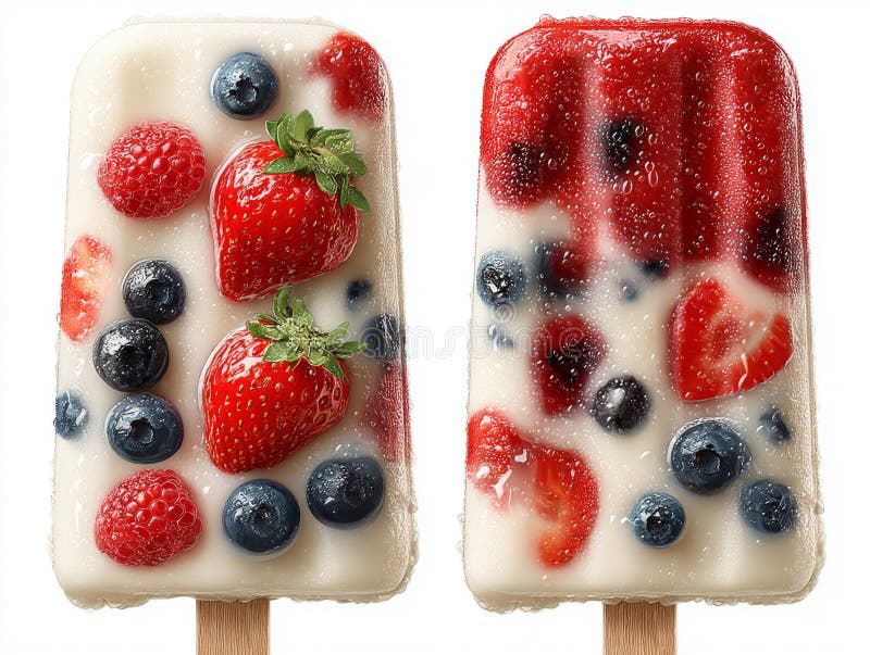 Two Creamy Fruit Popsicles with Berries Stock Illustration ...
