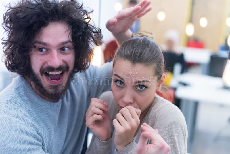 Two Creative Office Workers Collaborate Together Making Joke with Each ...