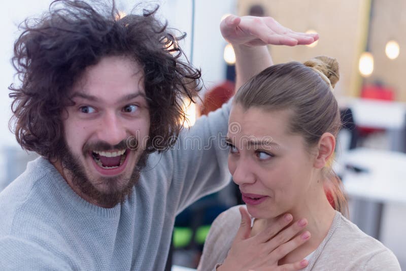 Two Creative Office Workers Collaborate Together Making Joke with Each ...