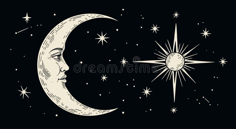 Two Crescent Moons with Human Faces and Stars on Dark Night Sky in ...