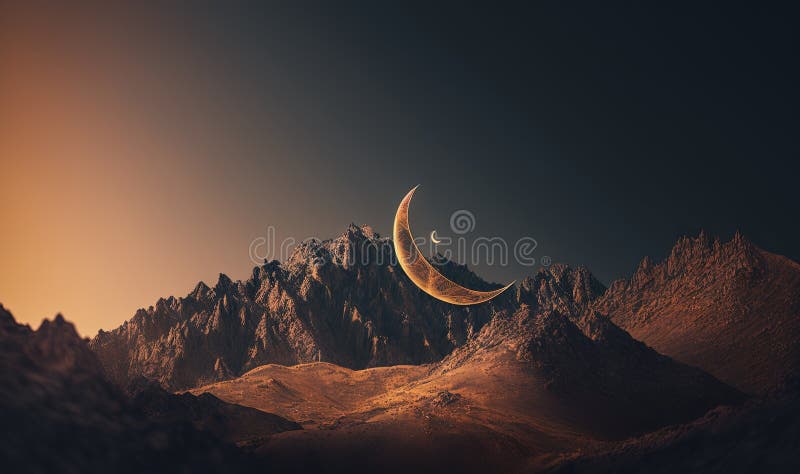 Two Crescents are Seen in Front of a Mountain Range Stock Illustration ...