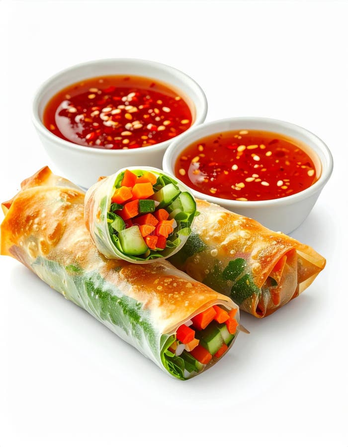 Two Crispy Vegetable Spring Rolls with Red Dipping Sauce Stock ...