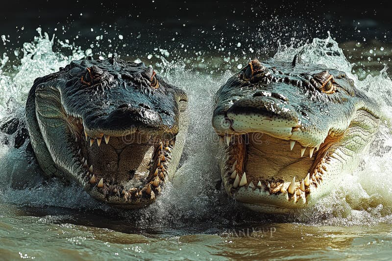 Two Crocodiles are in the Water, One of Which is Biting the Other ...