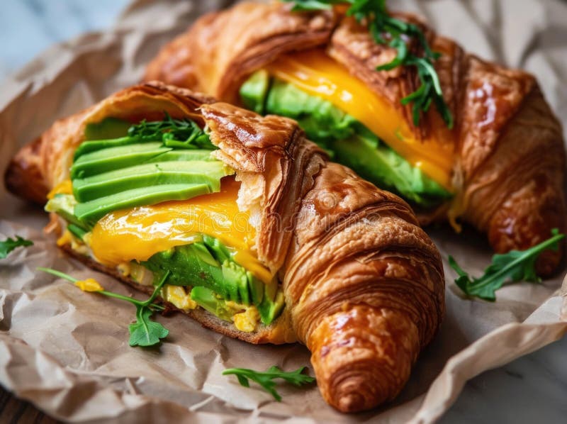 Two Croissant Sandwiches with Avocado and Cheese on Top Stock Photo ...