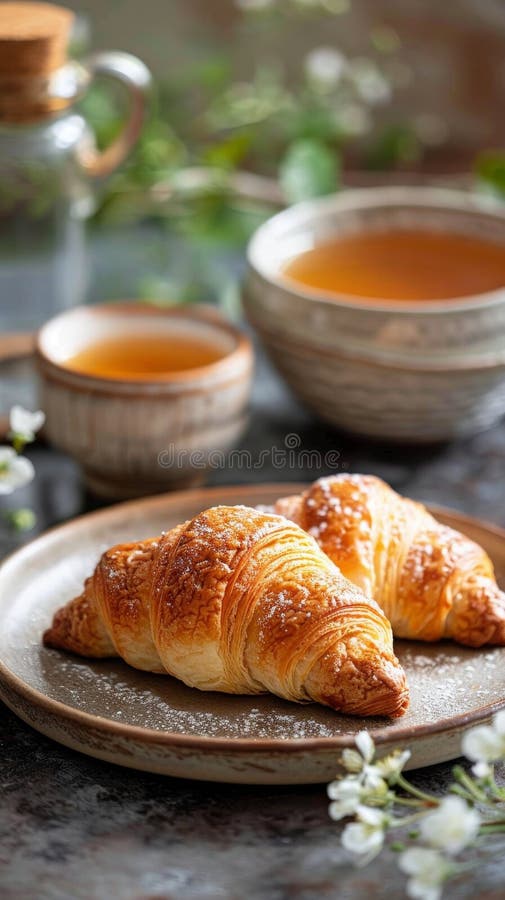 Two Croissants and a Cup of Tea Stock Photo - Image of flaky, aroma ...