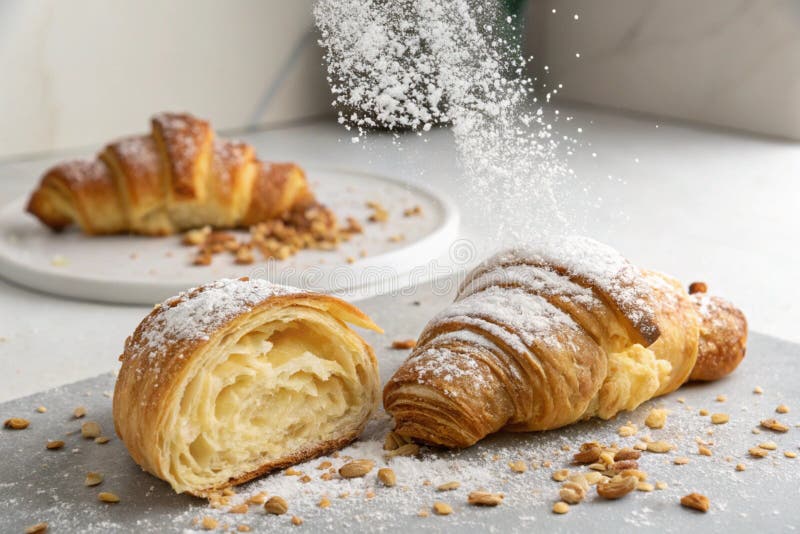 Two Croissants Exploding with Powdered Sugar and Crumbs, Showcasing a ...