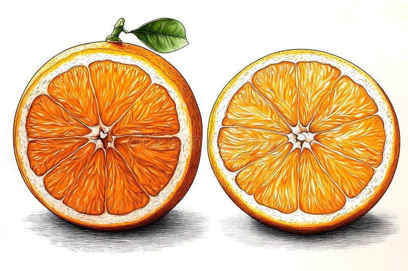 Two Cross Section Orange Fruit Segments Detailed Art on White ...