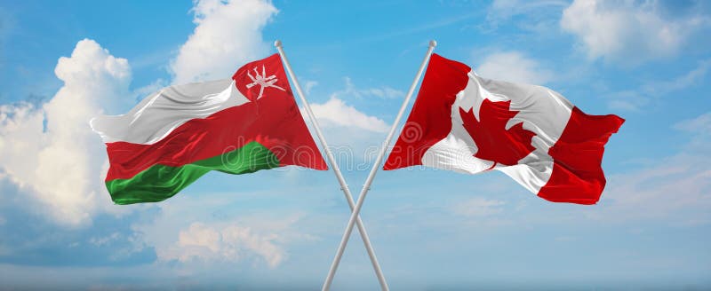 Two Crossed Flags Canada and Oman Waving in Wind at Cloudy Sky. Concept ...