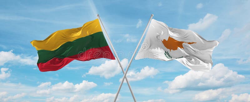Two Crossed Flags Cyprus and Lithuania Waving in Wind at Cloudy Sky ...