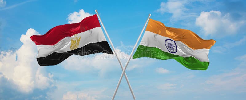 Two Crossed Flags India and Egypt Waving in Wind at Cloudy Sky. Concept ...