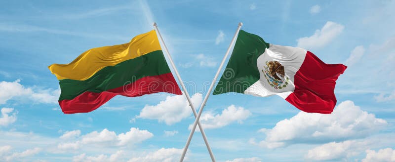 Two Crossed Flags Mexico and Lithuania Waving in Wind at Cloudy Sky ...