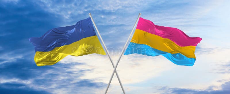 Two Crossed Flags Pansexuality Pride And Ukraine Waving In Wind At