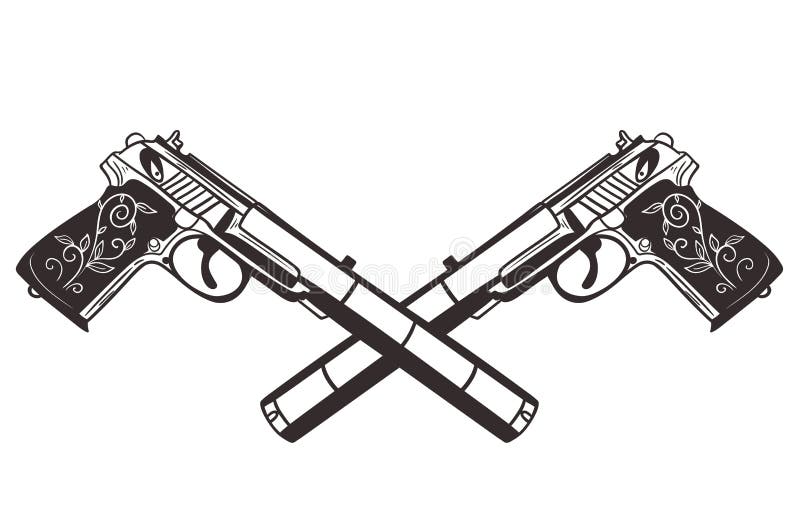Two Crossed Pistols With Text Vector Emblem Stock Vector - Illustration ...