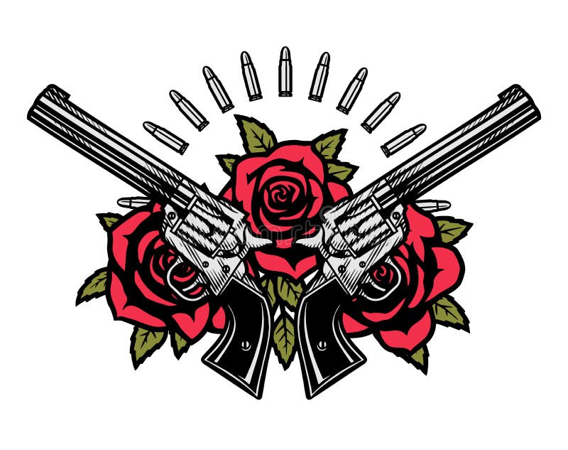 Two Crossed Pistols and Roses. Vector Illustration. Stock Illustration ...